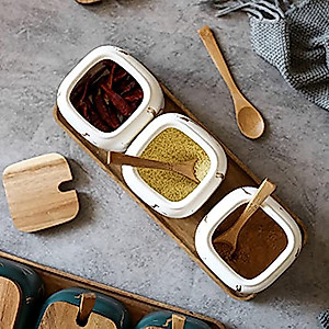Marble Ceramics Sugar Bowl Ceramic Seasoning Box Ceramic Spice Jars Porcelain Condiment Pots with Lid and Spoon (White)