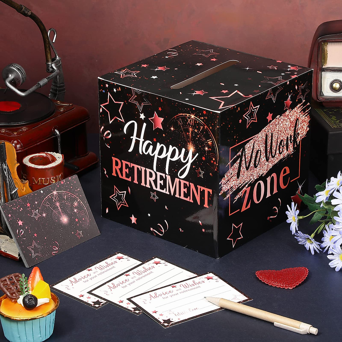 Funrous 51 Pcs Retirement Card Box Happy Retirement Party Decorations Well Wishes and Advice Card for Women Men Going Away Party Favors(Rose Gold and Black)