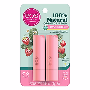 eos 100% Natural & Organic Lip Balm- Strawberry Sorbet, Dermatologist Recommended for Sensitive Skin, All-Day Moisture, 0.14 oz, 2 Pack