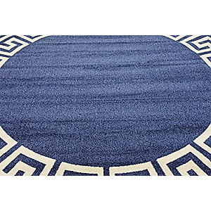 Unique Loom Athens Collection Classic Geometric Modern Border Design Area Rug, Round 8' 0" x 8' 0", Navy Blue/Beige