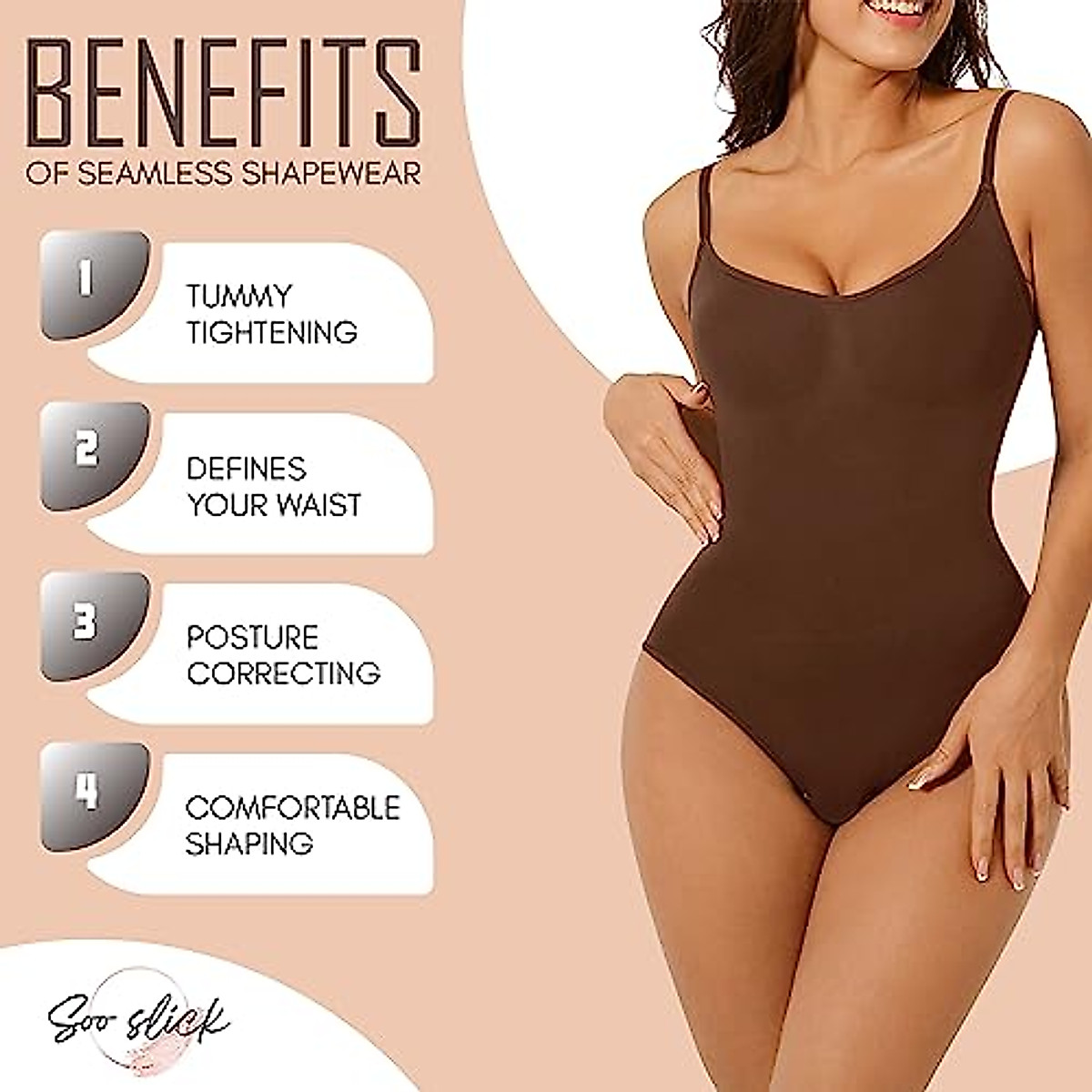 Seamless Bodyshaper Bodysuit for Women - Full Body Shapewear Body Sculpting Suits Sleeveless Round Neck Brown 3X-Large