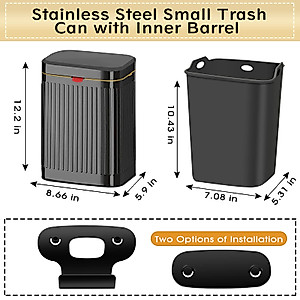 GloDeals Kitchen Hanging Trash Can with Lid, 2.1Gal/ 8L Stainless Steel Trash Can Compost Bin Counter Top, Wall-Mount Indoor Kitchen Trash Bin for Cabinet, Under Sink, Bathroom (Black)