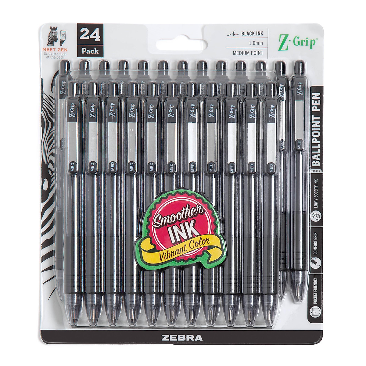 Zebra Pen Z-Grip Retractable Ballpoint Pen, Medium Point, 1.0mm, Black Ink, 24 Pack (Packaging may vary)