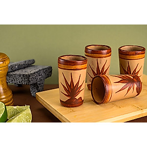 MEXTEQUIL - Tequila Shot Glasses - Set of 4 Terracotta Mexican Shot Glasses - 2 Oz - Natural & Colorful Clay - Barro Canelo & Capulineado - Handcrafted Hand-painted (Agave)