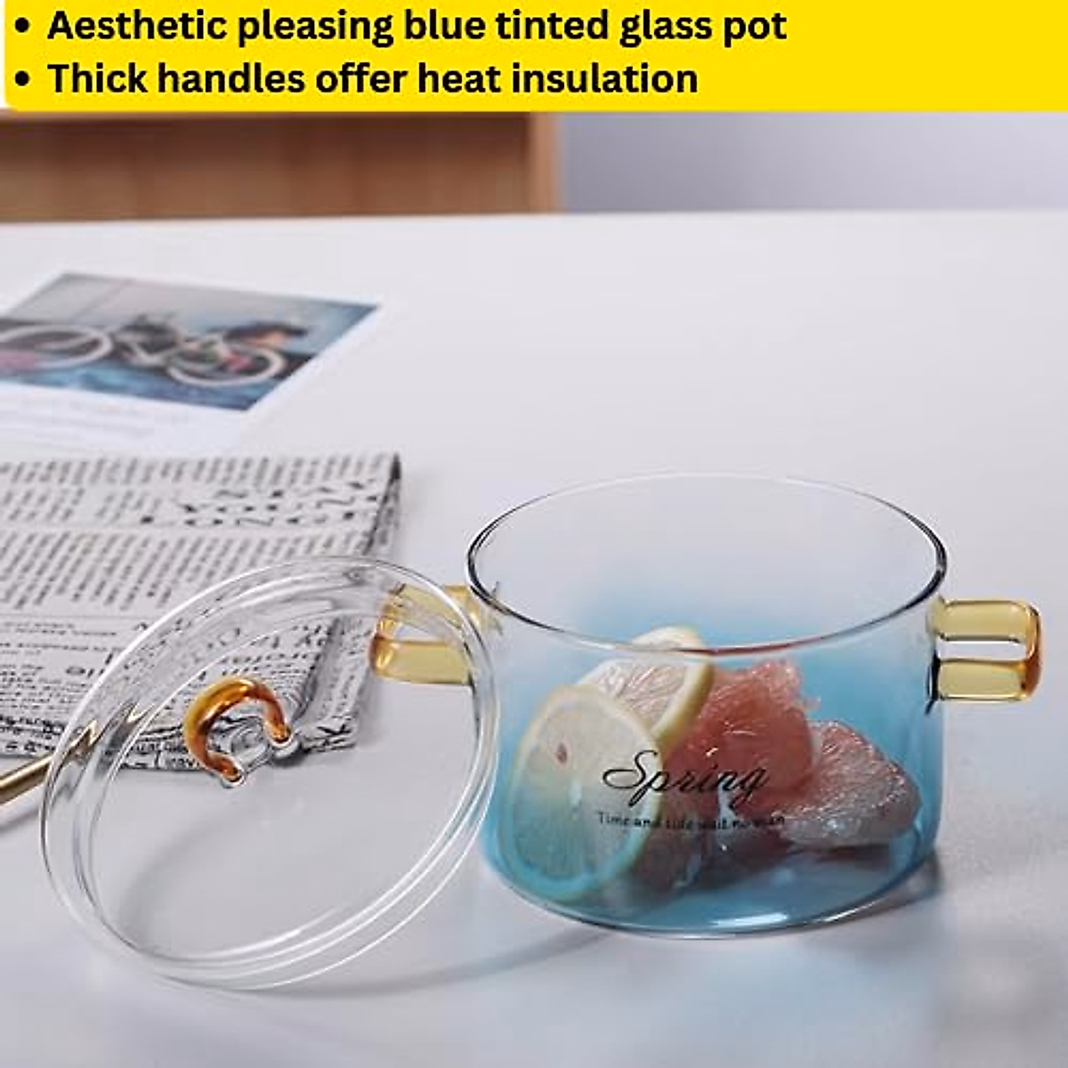 Glass Pot for Cooking On Stove, 1.5L Heat-Resistant Clear Simmer Pots for Cooking, Microwave Glass Saucepan with Cover & Handle, Glass Cookware for Noodles, Soup and simmering (Clear with Blue Tint)