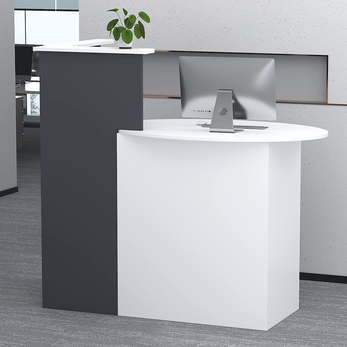 ECACAD Reception Desk with Lockable Drawer and Open Shelves, Office Desk Reception Counter Table, Dark Grey and White (50”W x 22.2”D x 43.3”H)
