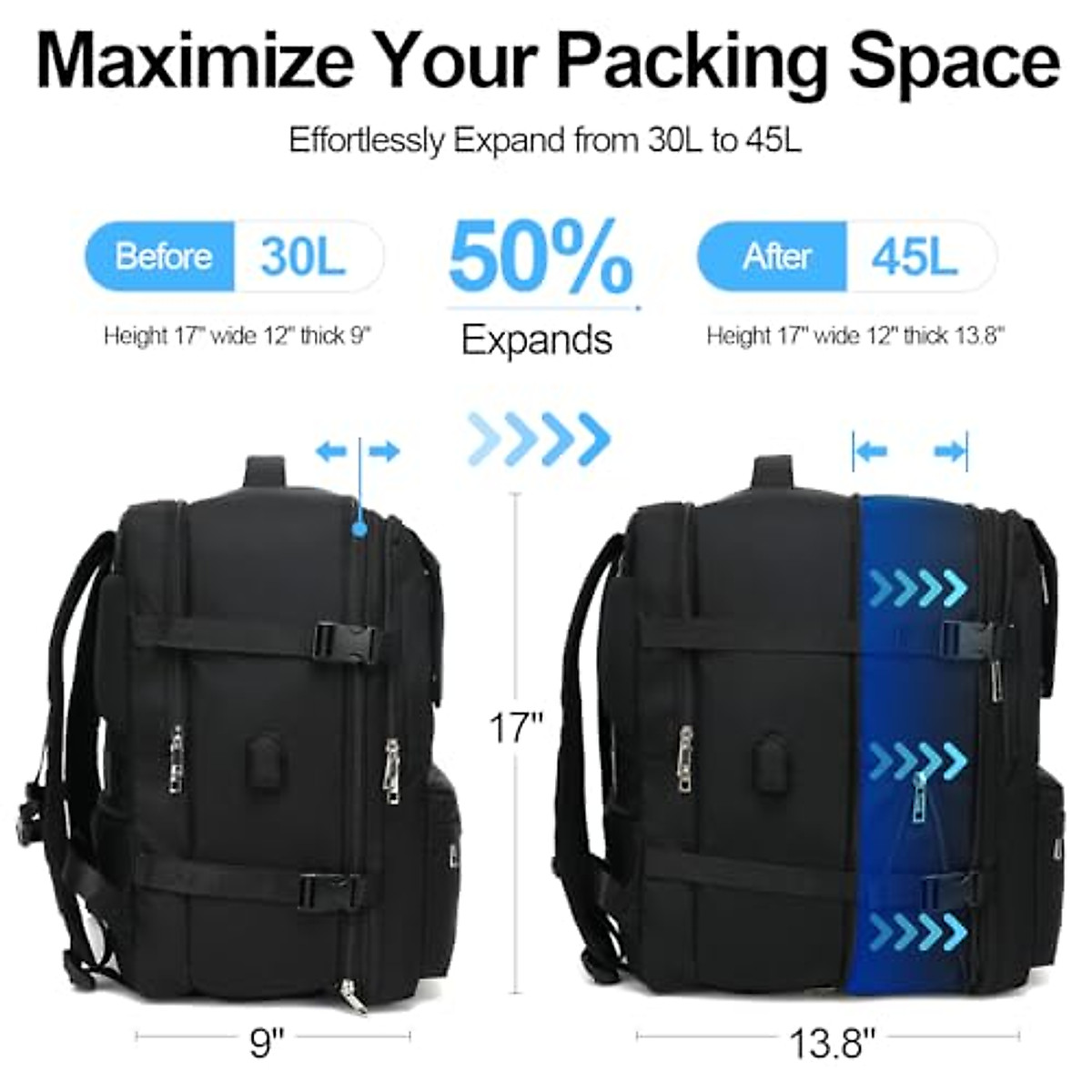 TRAVELHEART Travel Backpack for Women and Men - Large Expandable 45L with Shoe Compartment - Carry On Backpack for Airplanes - Flight Approved - Personal Item Size, Black