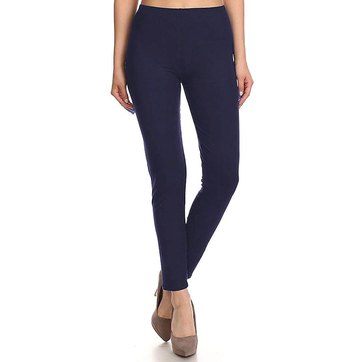 Leggings Depot Womens 1" Waistband High Waisted Solid Leggings Pants (Full Length, Navy, One Size Plus)