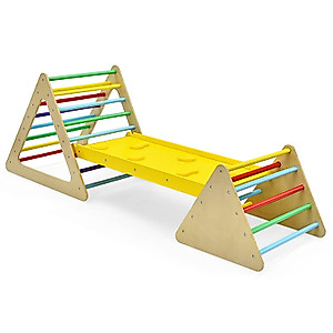 HONEY JOY 4 in 1 Triangle Climber with Ramp, Indoor Toddler Climbing Triangle Set with Ladder & Slide, 3-Piece Wooden Kids Climbing Toys for Playground, Gym & Daycare, Gift for Boys Girls