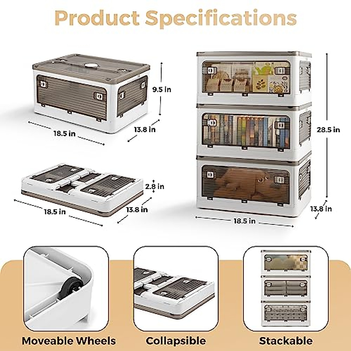 YumiHoe Stackable Storage Bins with Lids -Folding & Sturdy Plastic Storage Container Boxes for Closet, 8.8Gal Shoes, Crafts Organizer with Wheels (3 PACK White)