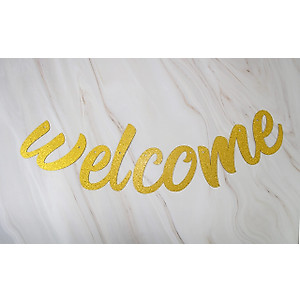 Starsgarden Glitter Gold Welcome to Our Home Banner for Housewarming Patriotic Military Decoration Family Party Supplies Cursive Bunting Photo Booth Props Sign(Gold Home)