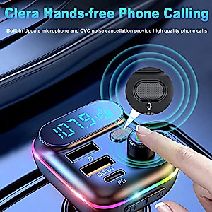 VR robot Upgraded Bluetooth FM Transmitter for Car, Wireless Bluetooth 5.0 FM Car Adapter with Dual USB Ports,Support 20W PD+QC3.0 Fast Charger, Stronger Microphone,7 Colors LED Backlit