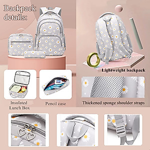 YJMKOI 3Pcs Daisy Prints Backpack for Girls Middle-School Elementary Students Bookbag Set with Lunch Box (Grey)
