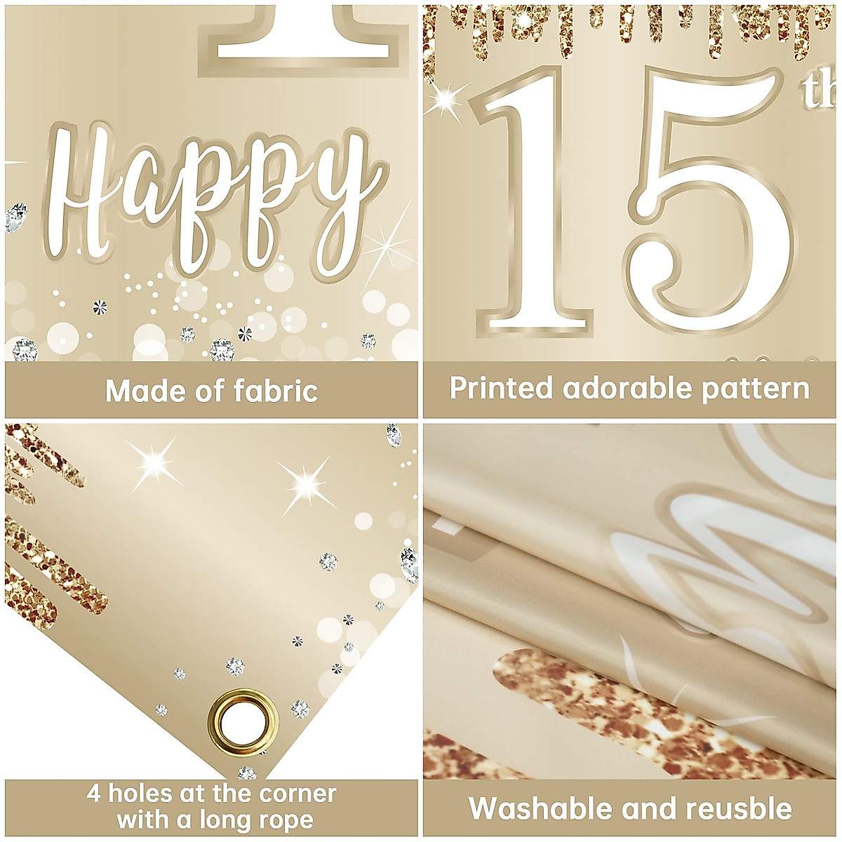 Happy 15th Birthday Banner Backdrop Decorations for Girls, Gold White Sweet 15 Birthday Sign Party Supplies, Fifteen Year Old Birthday Photo Booth Background Poster Decor(72.8 x 43.3 Inch)