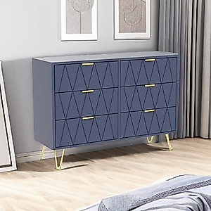 UEV 6 Drawer Dresser,Modern Dresser Chest with Wide Drawers and Metal Handles,Wood Storage Chest of Drawers for Bedroom,Living Room,Hallway,Entryway (Navy Blue)