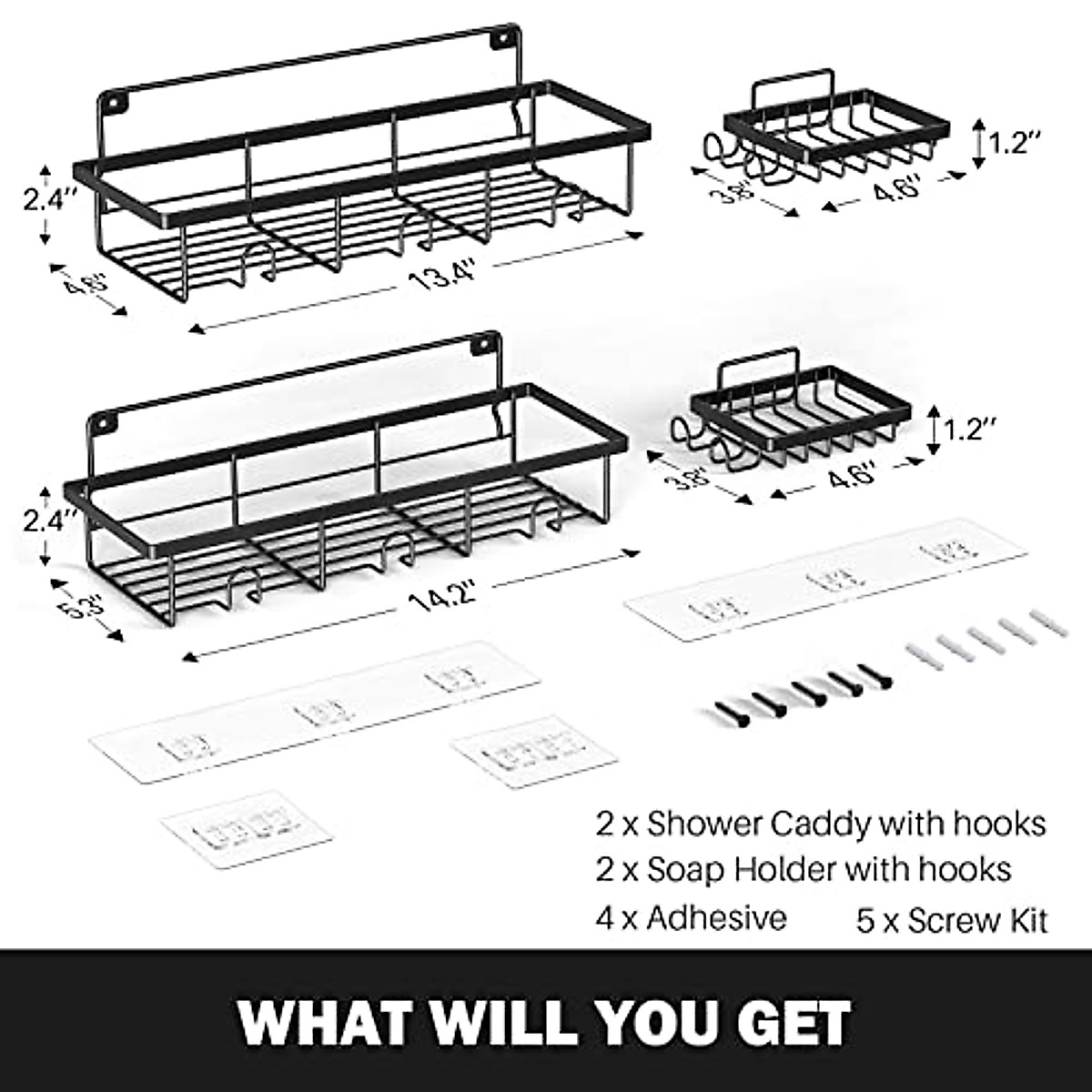 YAWSOUP Shower Rack with Hook Storage Rack Organizer Wall Mountable Non-Hole for Bathroom, Restroom, Toilet, Shower, Toilet, Kitchen, Set - 2 Pack