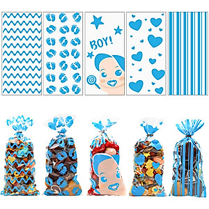 SULOLI Baby Shower Cellophane Bags,120pcs Blue Candy Gift Bags Gender Reveal Treat Bags with 150 Twist for Baby Boy Shower Party Favor Candy Buffet Supplies
