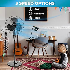 Comfort Zone Oscillating Pedestal Fan with Remote Control, Stand Fan, 18 inch, 3 Speed, Adjustable Height & Tilt, & Timer, Auto Shutoff, Ideal for Home, Bedroom & Office, Airflow 17 ft/sec, CZST181RBK