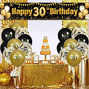 30th Birthday Decorations for Men Women Black and Gold, Black Gold Birthday Yard Banner Sign and 18 PCS 30th Happy Birthday Balloons for 30th Anniversary Birthday Party Supplies Outdoor Yard Decor