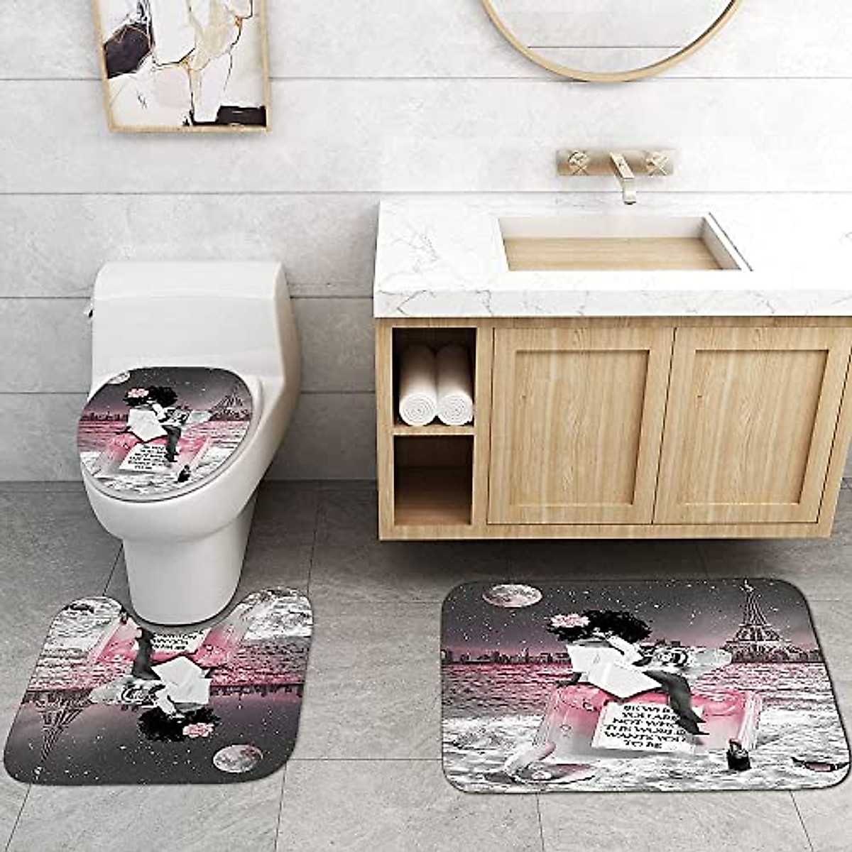 4 Pcs Perfume Paris Girl Shower Curtain Sets with 12 Hooks Waterproof Polyester Bathroom Sets with Rugs and Accessories-Bath Mat,Toilet Lid Cover,U-Shaped Mat,Black Girl Shower Curtain for Bathroom