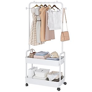 ACCSTORE Metal Clothing Racks, Freestanding Trolley Coat Rack With Wheels,Garment Rack For Storage，Clothes Rack,Heavy Duty Clothing Rack,Garment Racks With 2 Tier Plastics Storage Shelf,White