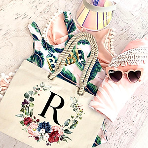 Personalized Floral Initial Cotton Canvas Beach Tote Bag, Customize Monogrammed Totes Gift for Bridesmaid (Initial V)