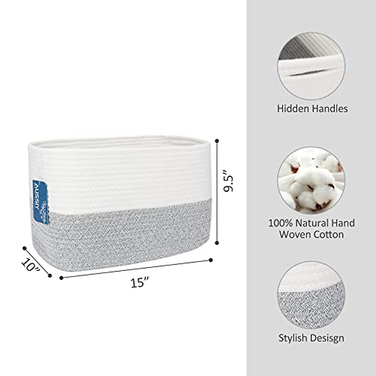 AUSSIY 3 Pack Rope Baskets for Storage Basket, Cotton Rope Woven Basket with Handles. Blanket Basket for Storing Clothes, Toys, Books, Shelves etc, 15''L x 10''W x 9.5''H, Gray/White
