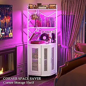 Aheaplus Corner Bar Cabinet with Power Outlet, Industrial Wine Cabinet with LED Strip and Glass Holder, 5-Tiers Liquor Cabinet Bar Unit for Home, Corner Display Cabinet for Small Space, White