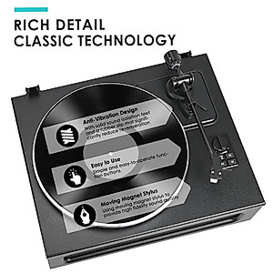 All-in-One Record Player High Fidelity Belt Drive Turntable for Vinyl Records Built-in 2 Tweeter and 2 Bass Stereo Speakers, Vinyl Player with MM Cartridge, Bluetooth, Aux-in, RCA, Auto Stop Black