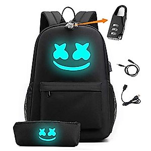 Smile Luminous Backpack with USB Charging Port & Anti-theft Lock & Pencil Case for School, Unisex School Bookbag Daypack Laptop Backpack (Black)