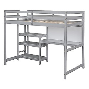 Epinki Twin Size Wooden Loft Bed with Shelves, Desk and Writing Board - Gray, Kids Bed, No Box Spring Needed, Easy Assembly