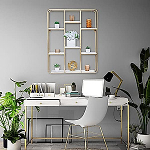 Sheffield Home Decorative Rounded Edge Metal and Wood Floating Shelf, Gold and White