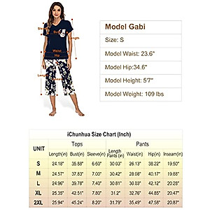 iChunhua Comfy Lounge Sets for Women Short Sleeve V-Neck Tops and Floral Print Wide Leg Pants Loose Nightwear Capri Pajama Set Soft Pj Black M