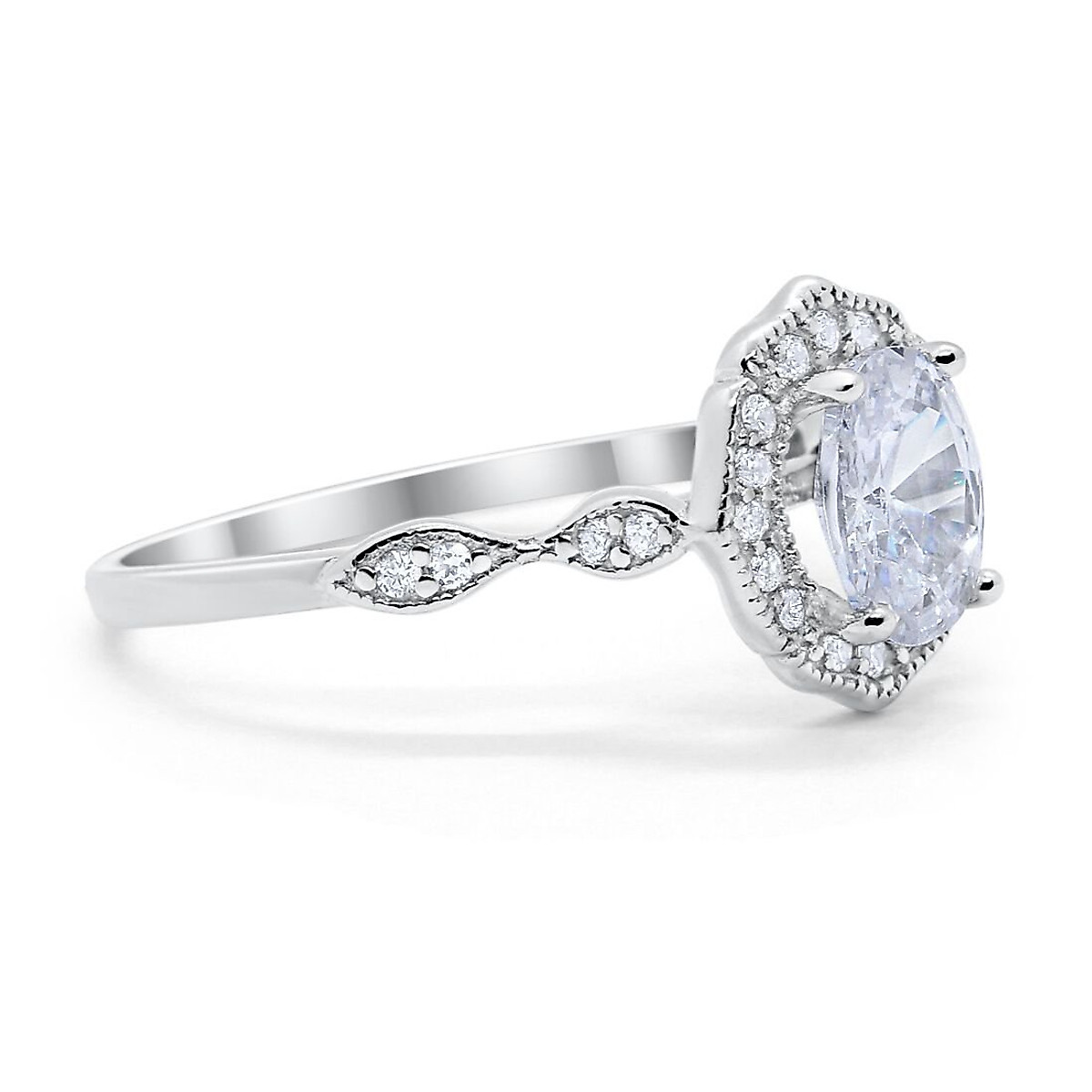 Blue Apple Co. Simulated Cubic Zirconia Size-5 Art Deco Antique Style Wedding Engagement Ring Oval Round CZ 925 Sterling Silver