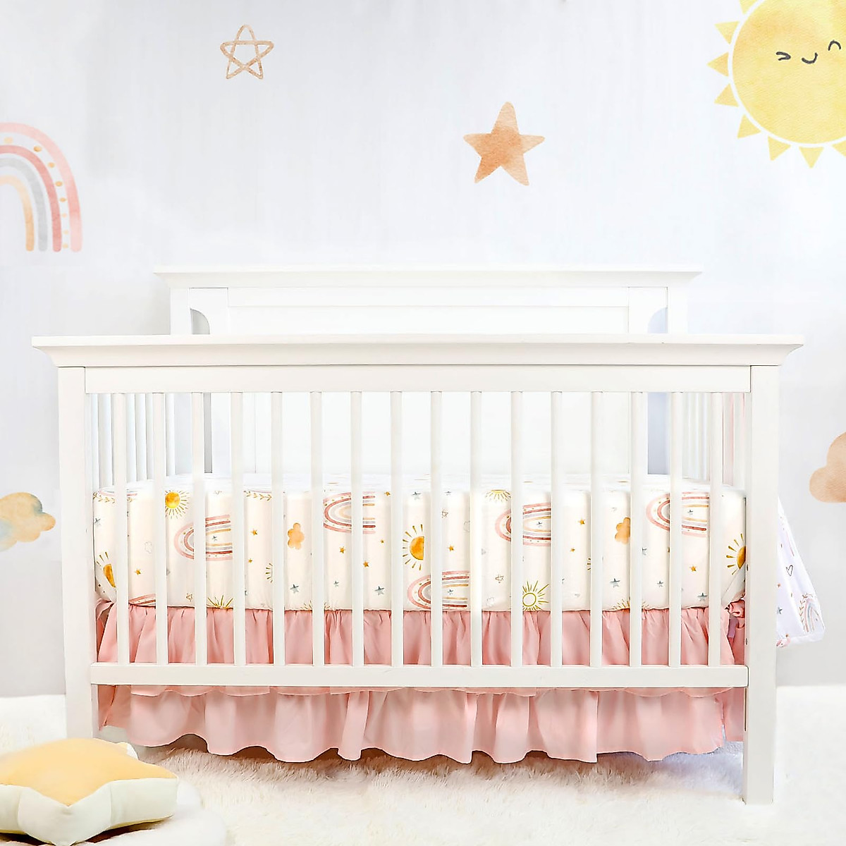 CARUILI Crib Bedding Set for Girls, 4-Piece Pink Baby Crib Bedding Set, Rainbow Crib Sets Includes Comforter, Fitted Crib Sheet, Crib Skirt, and Diaper Stacker