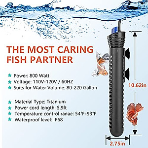 fishkeeper 600W/800W Aquarium Heater, Double Tube Double Heating Speed Adjustable Fish Tank Heater Submersible Pond Water Heater for Saltwater Freshwater Tank 60-220 Gallon