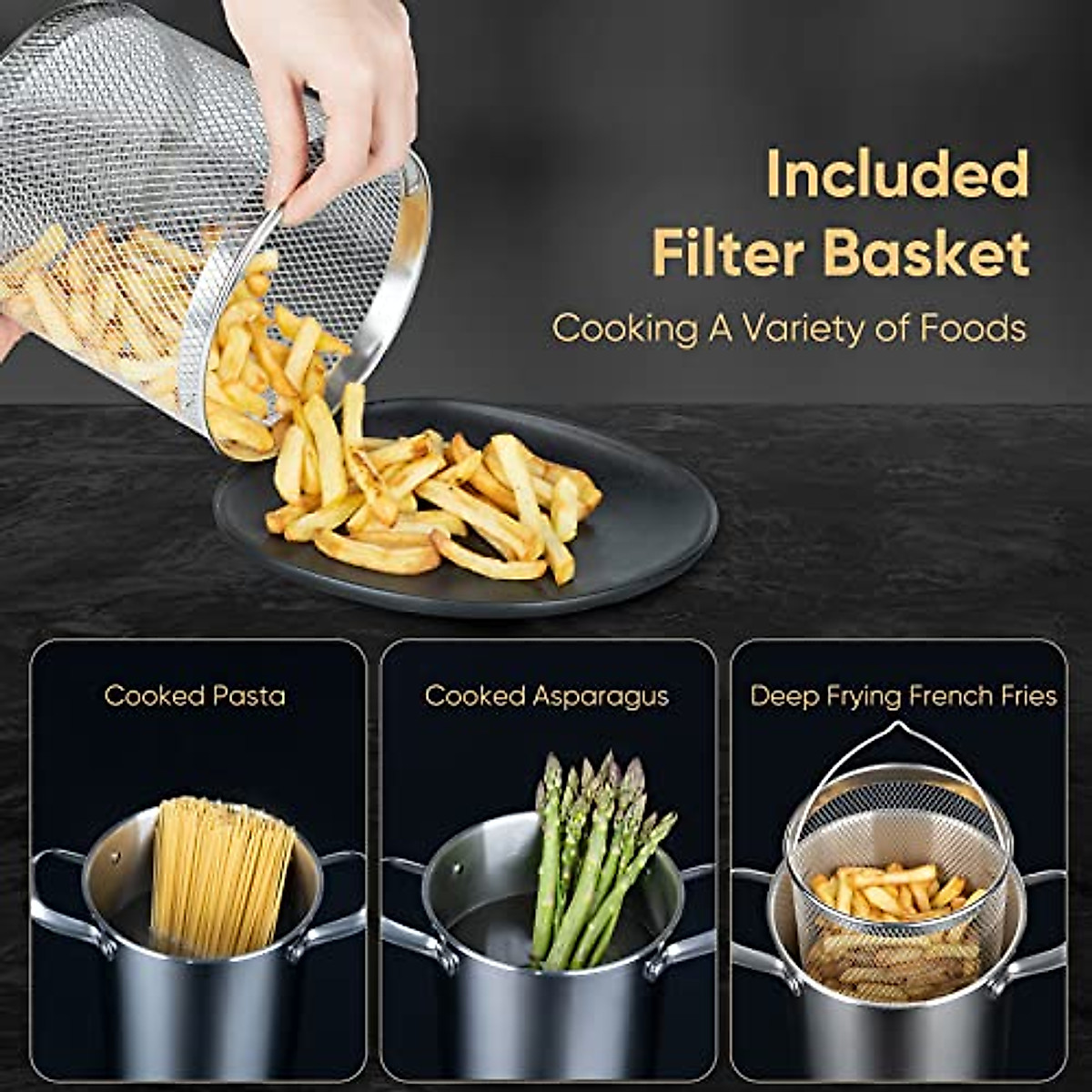 Kerilyn Deep Fryer Pot, 5L Stainless Steel Frying Pot With Basket, Fish Fryer With Transparent Lid, For Kitchen French Fries, Chicken Etc.