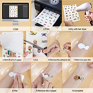 Stampcolour Printable Temporary Tattoo Paper for INKJET Printer, 8.5"X11" 5 Sheets DIY Tattoos Stickers,Personalized Image Transfer for skin Custom Waterslide Decal for Universal Adult Child