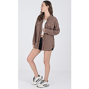 chouyatou Women's Loose Fit Batwing Sleeve Waffle Knit Button Down Shirt Shacket Tops (Large, Coffee)