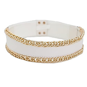 Women White Wide Fashion Belt - Elastic Waistband Gold Metal Chain Links Size S, Silver, One Size