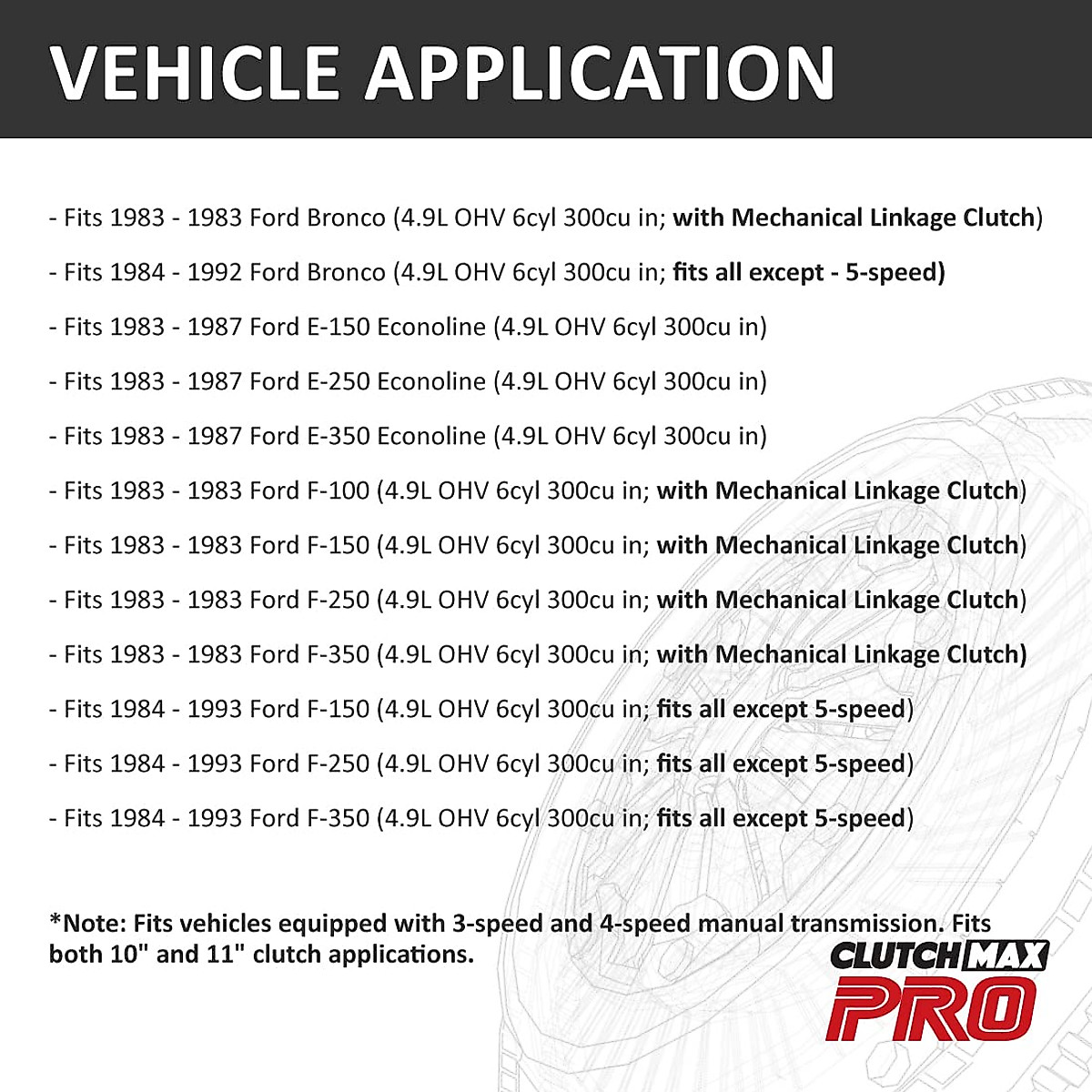 ClutchMaxPRO Performance Stage 1 Clutch Kit with Flywheel Compatible with 1983-1987 Ford E150 E250 E350 Econoline 1983-1993 Bronco F100 F150 F250 F350 4.9L (CP07132HD-FW167934-ST1)