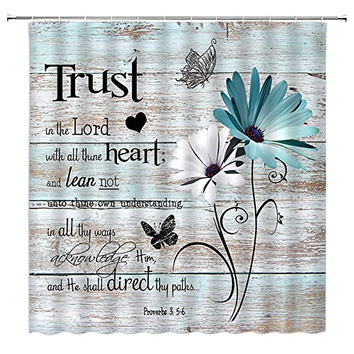 DSMEUE Inspirational Quote 4 Piece Shower Curtain Sets with Rugs，Rustic Teal Wooden Board Daisy Flower Butterfly Motivational 70"x70" Bathroom Curtain and 17.8"x29.5" Bath Mat,Toilet Cover, U-Shaped
