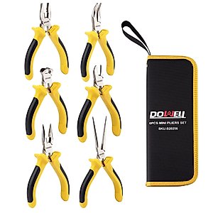 DOWELL 6-piece Mini Pliers Set Needle Nose Diagonal Long Nose Bent Nose End Cutting and Linesman for Making Crafts Repairing Electronic Devices with Pouch