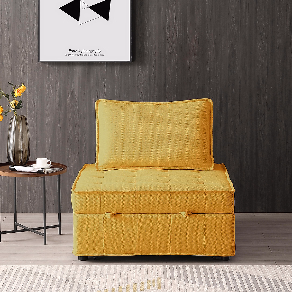 LIADTOP Pull Out Sofa, Small Tufted Velvet Convertible Couch, Easy to Assembly Faux Leather Single Bed with Removeable Backrest for Living Room Apartment (Yellow+Fabric)