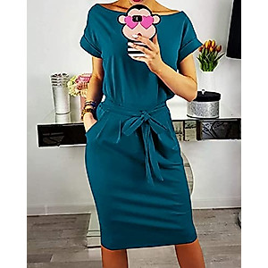 PRETTYGARDEN Women's Summer Short Sleeve Crewneck Striped Dress Basic Solid Tie Waist Office T Shirt Dresses Pockets Dark Green