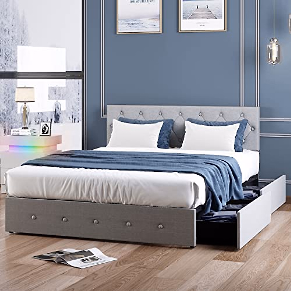 Mjkone Full Size Bed Frame, Upholstered Platform Bed Frame with 4 Built-in Storage Drawers & Adjustable Headboard, Button Tufted Design, No Box Spring Needed- Light Grey