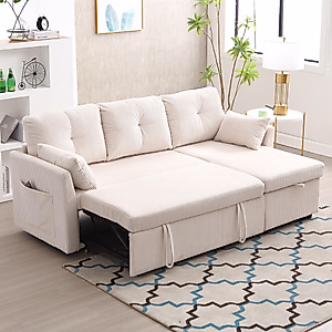 Vliekcy Sectional Sleeper Sofa Bed,Convertible Pull Out Couch with Storage Chaise Lounge, Upholstered L Shape Sofa with 2 Pillows, Comfortable Velet Fabric Couches for Living Room, Beige