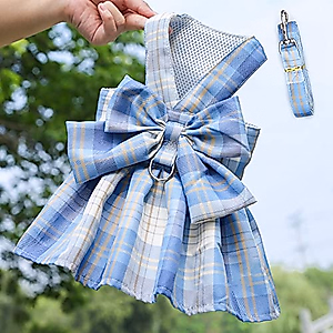 Hotumn Plaid Dog Harness Dress with Leash Ring Bow Tie Harness Leash Set Dog Wedding Dress Summer Princess Clothes Tutu Dress Cute Walking Dog Skirt for Small Medium Dogs Cats Girls