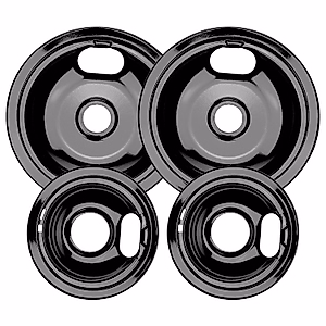 W10290350 W10290353 Black Porcelain Burner Drip Pans By AMI PARTS - Replacement for Whirl-pool Electric Range Cooktop - Includes 2 8-Inch and 2 6-Inch Pans