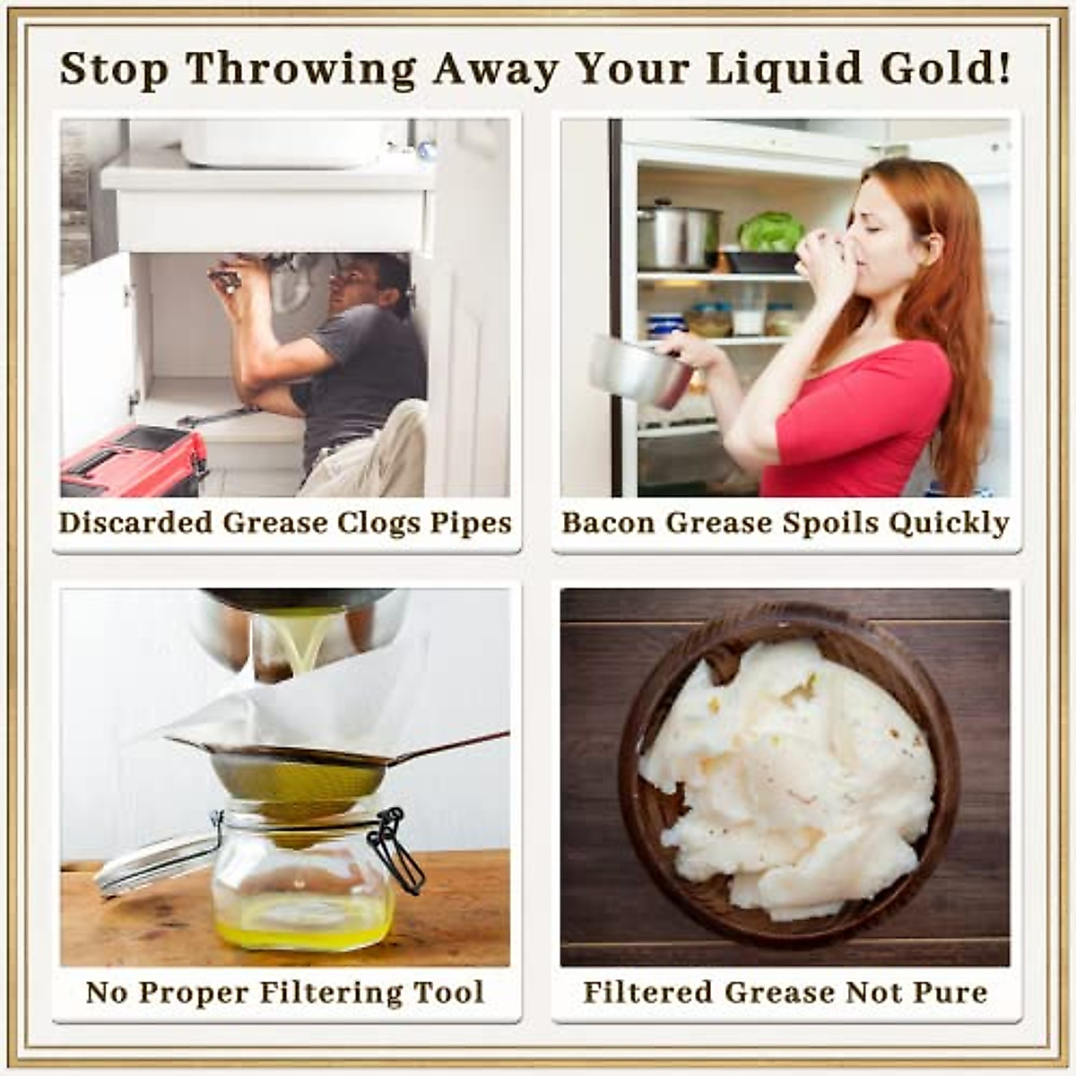 Bacon Grease Container with Strainer - 46OZ Large Capacity, With Silicone Wooden Spatula, Enamel Bacon Grease Keeper for Bacon Drippings, Farmhouse Red Kitchen Decor and Accessories, Dishwasher Safe